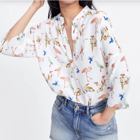 Zara | Tops | Zara Flamingo Bird Print Tunic Blouse | Poshmark